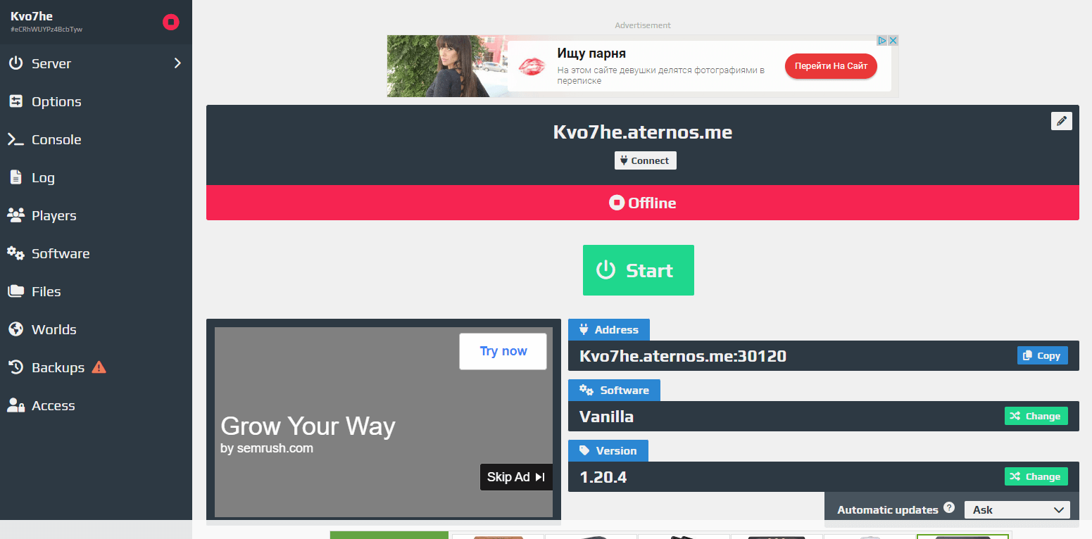 Aternos server kūrimas: nemokamas minecraft serveris | Faktograma